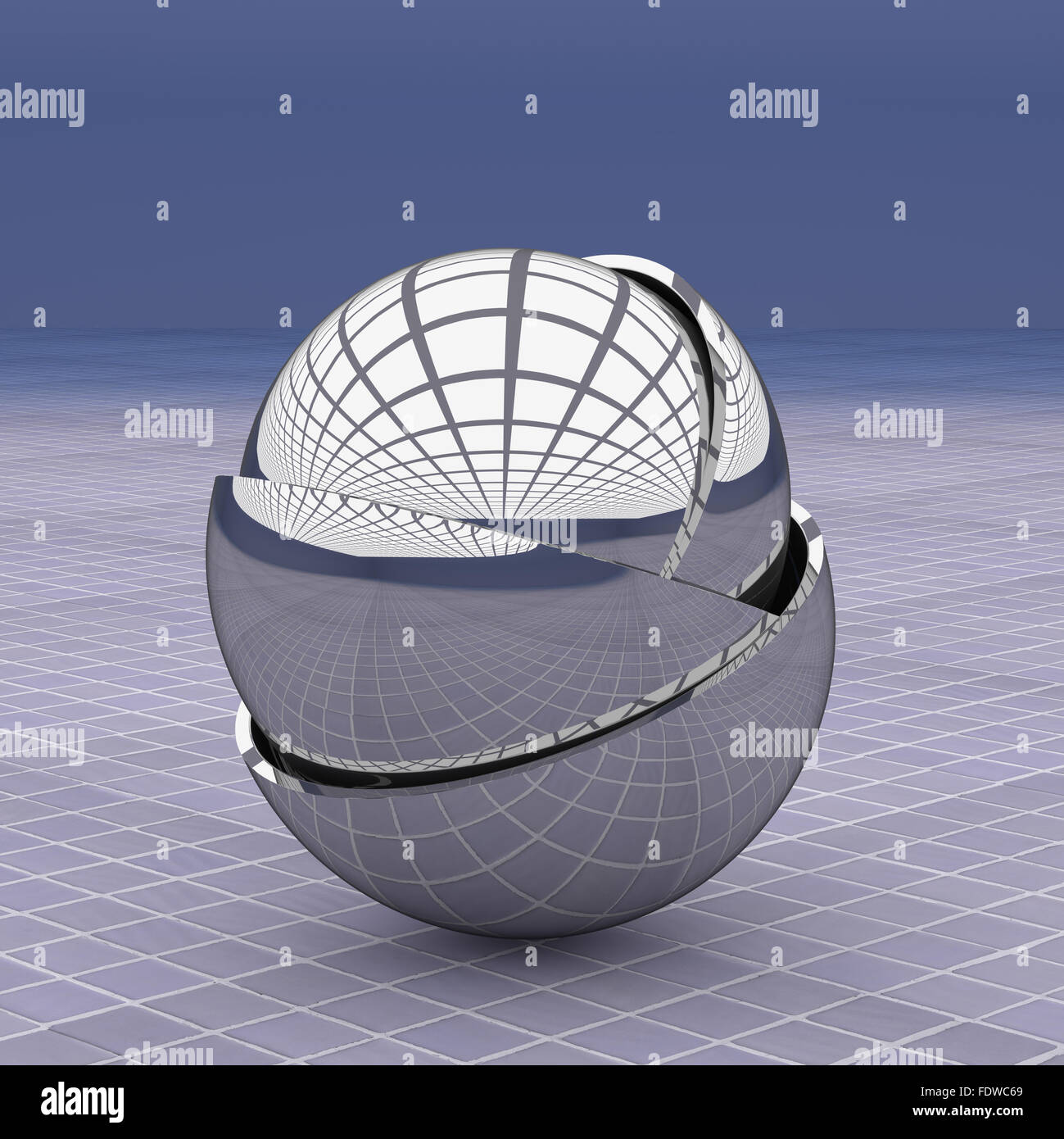 3d rendering of several halved metal balls with another ball inside ...