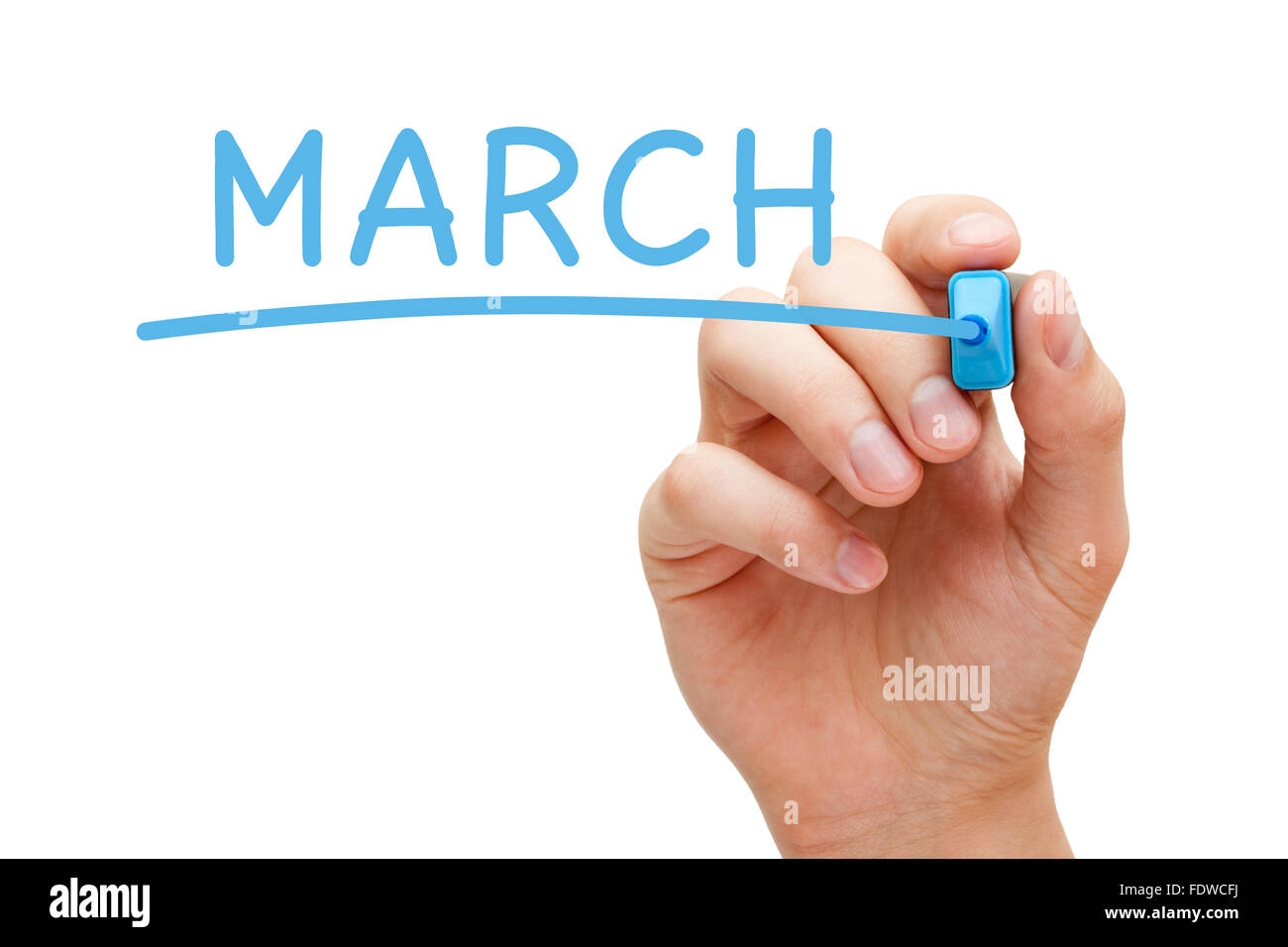 Hand writing March with blue marker on transparent wipe board Stock ...