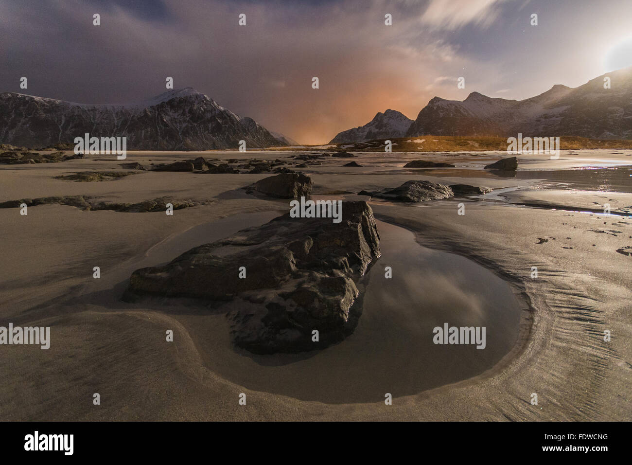 Beautiful moonlit Skagsanden beach in Flakstad Lofoten Islands, Norway ...