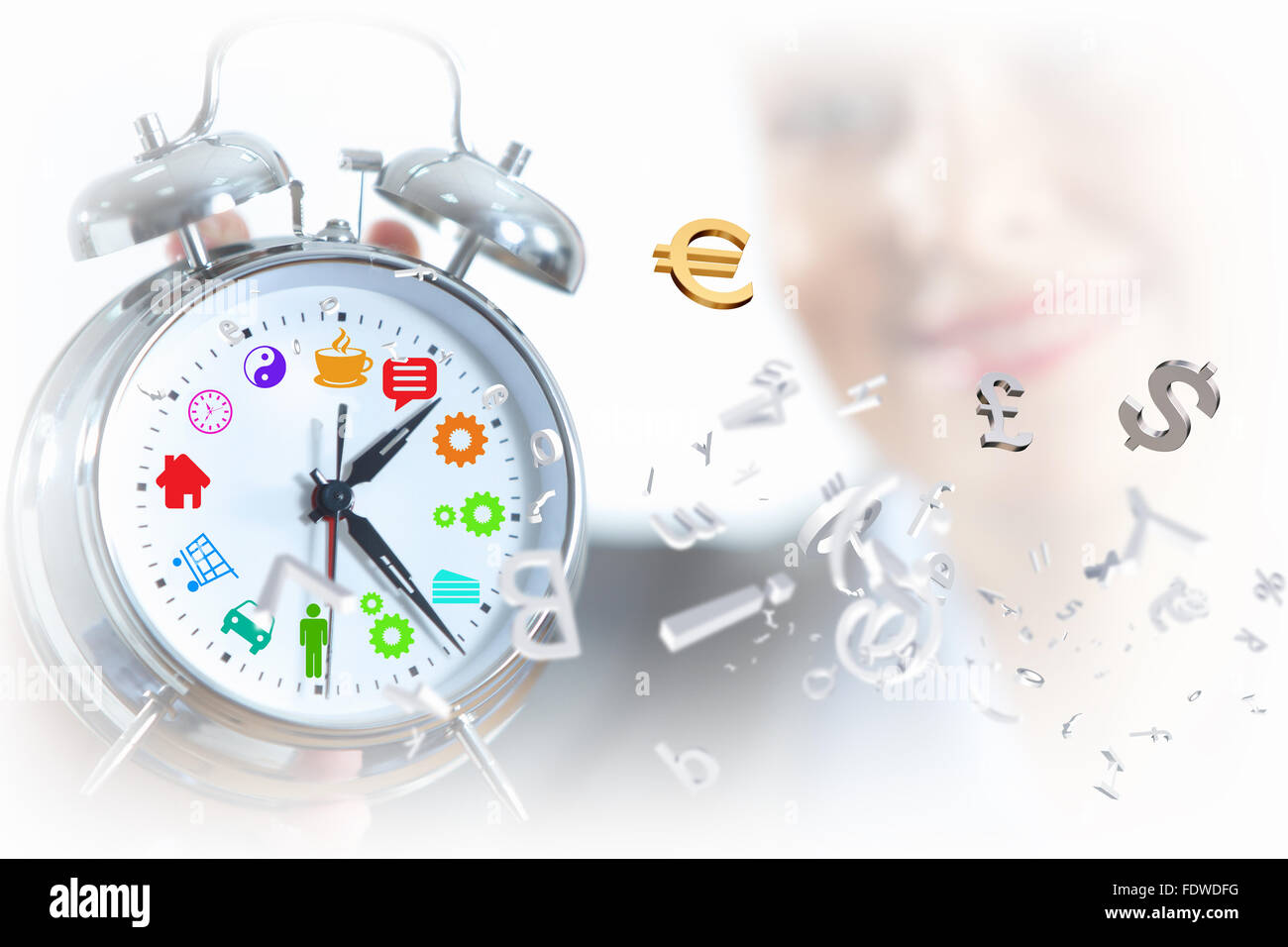 Time in business illustration with clock in hands of businesswoman ...