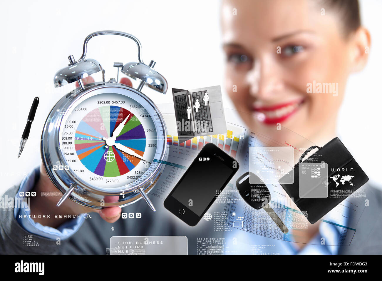 Time in business illustration with clock in hands of businesswoman ...
