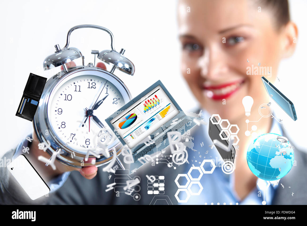 Time in business illustration with clock in hands of businesswoman ...