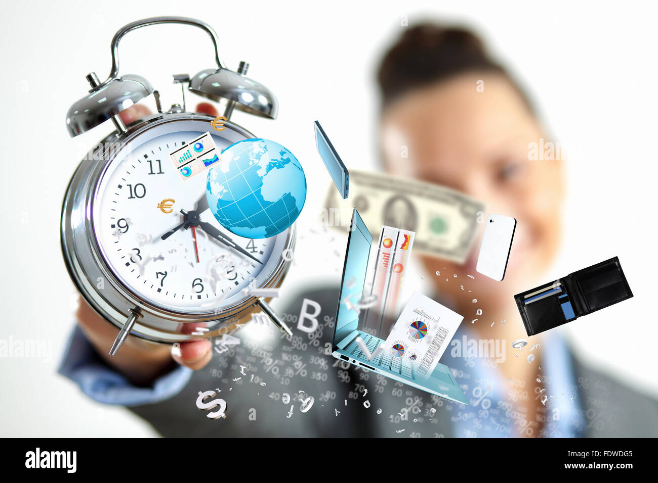Time in business illustration with clock in hands of businesswoman ...