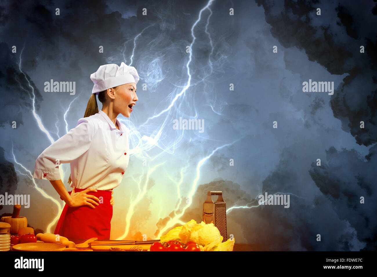Asian female cook in anger against color background with shine effects ...