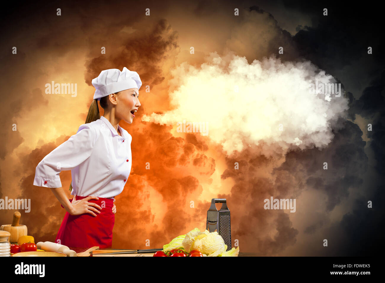 Asian female cook in anger against color background with shine effects ...