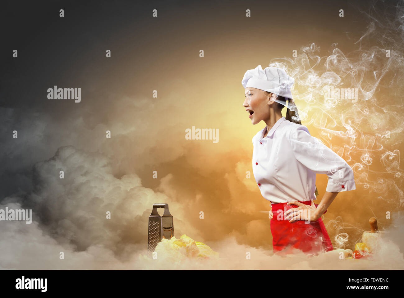 Asian female cook in anger against color background with shine effects ...
