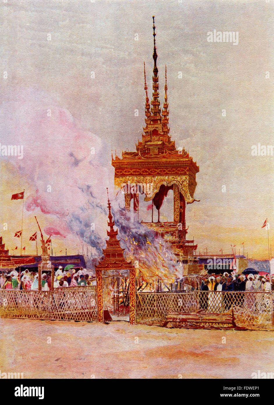 The cremation of a Burmese monk or pongyi, on a funeral pyre made of ...