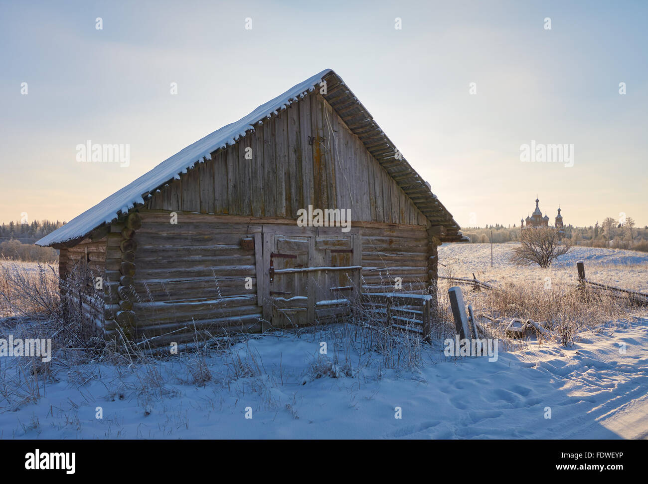 Old abandoned wooden barn in Volgoverkhovye, Tver region, Russia, where ...