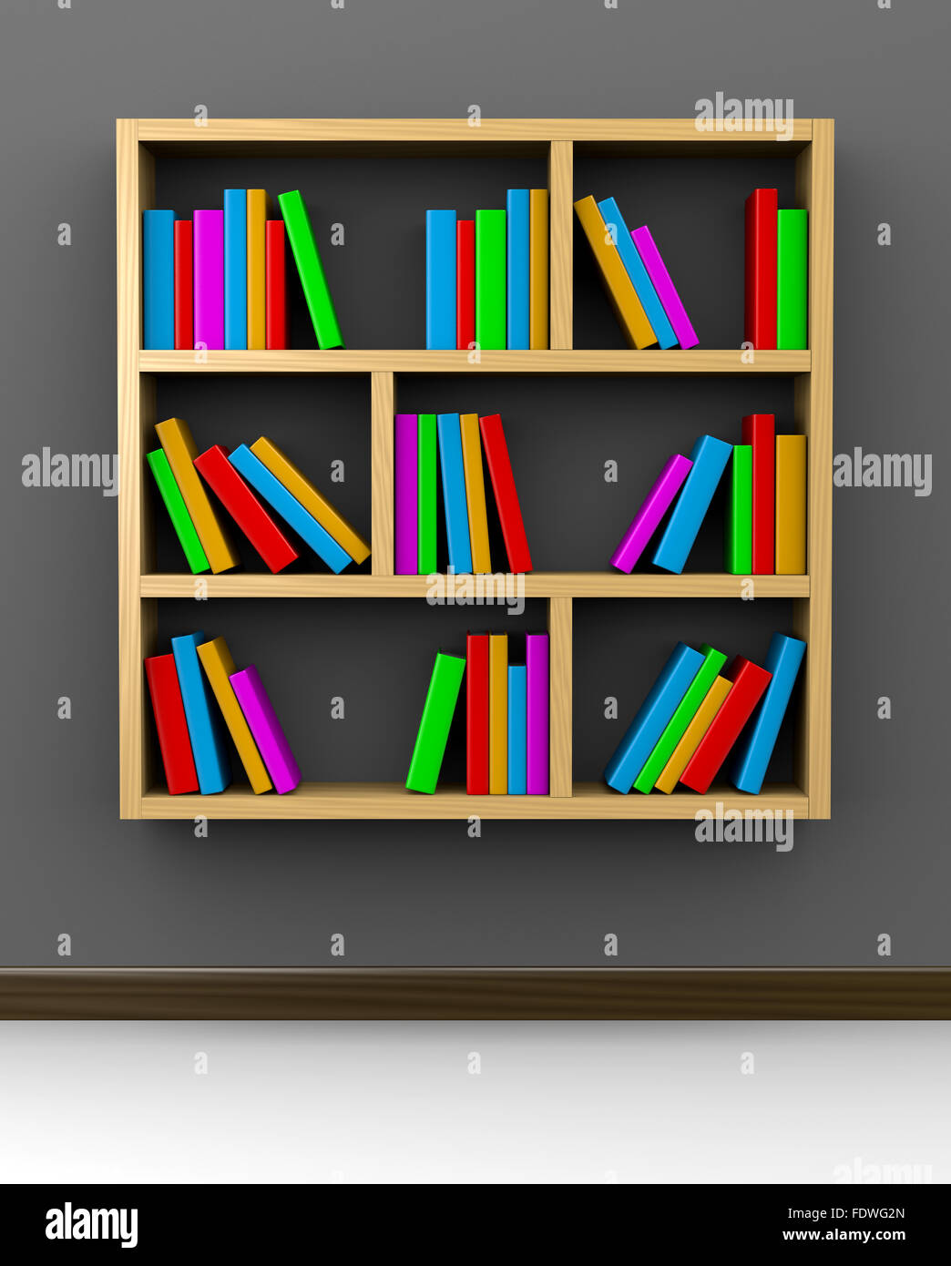 Wooden Bookshelf on Grey Background 3D Illustration Stock Photo - Alamy