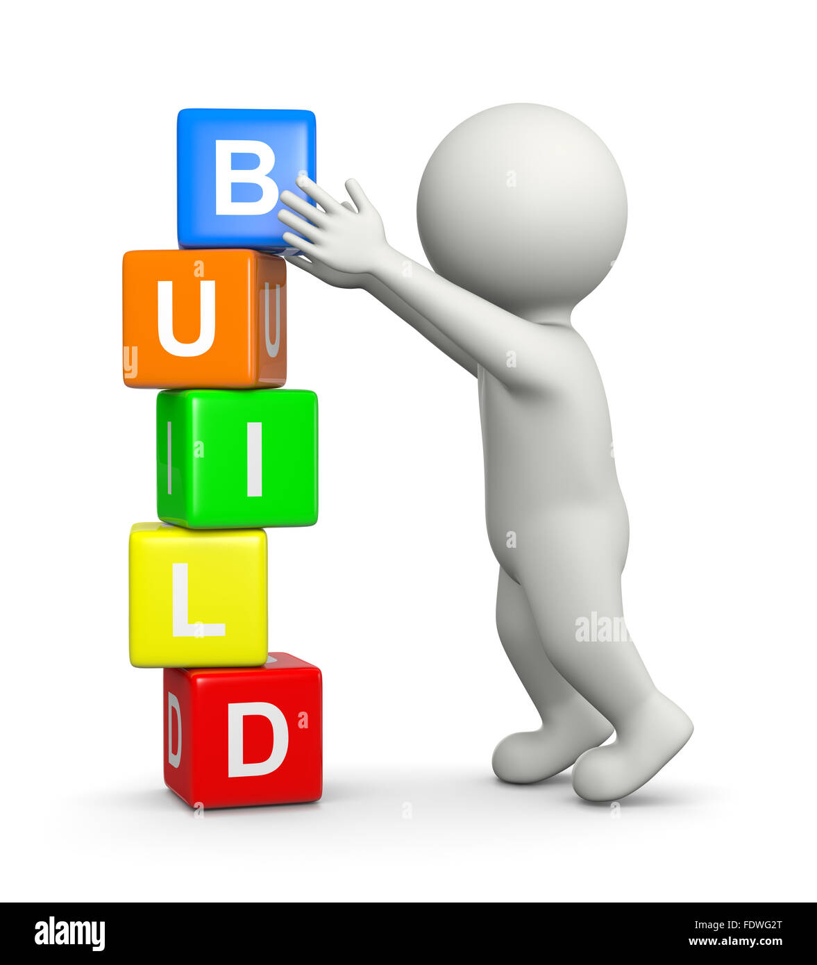 White 3D Character Building a Pile of Colorful Cubes Build Text Concept ...