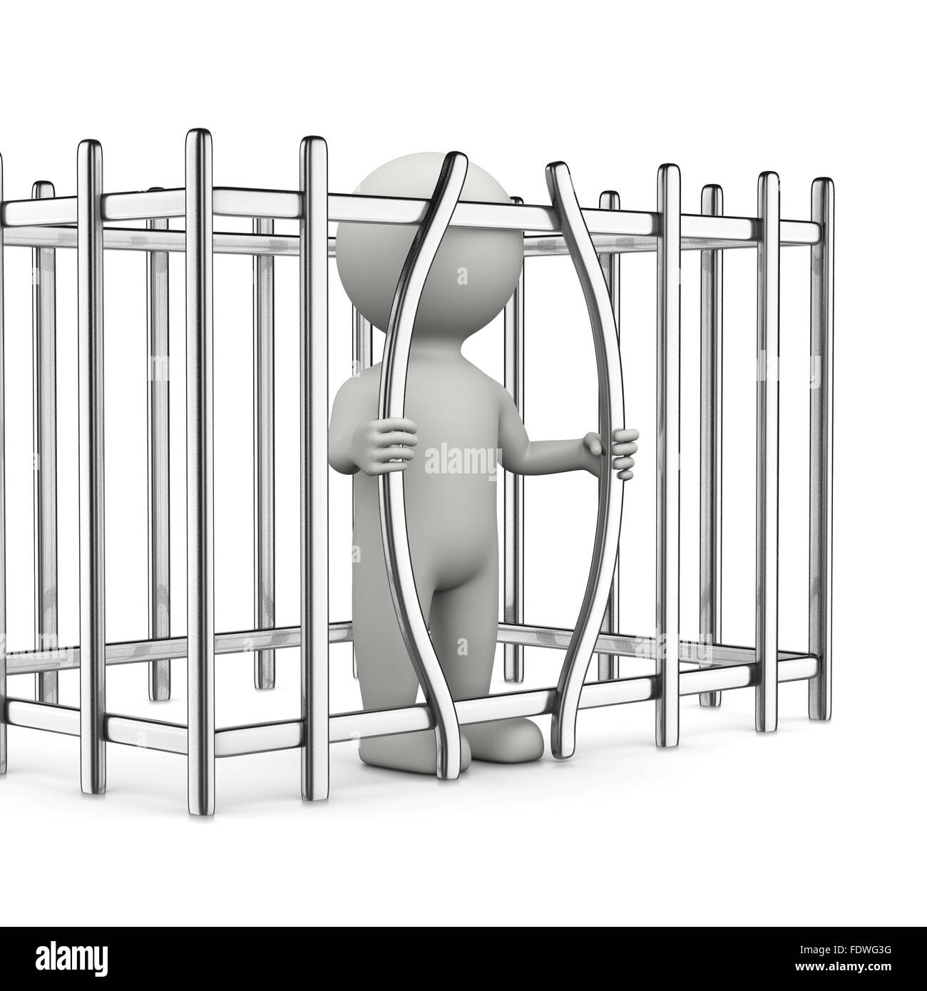 One Single White Character Break Out of Prison 3D Illustration on White ...