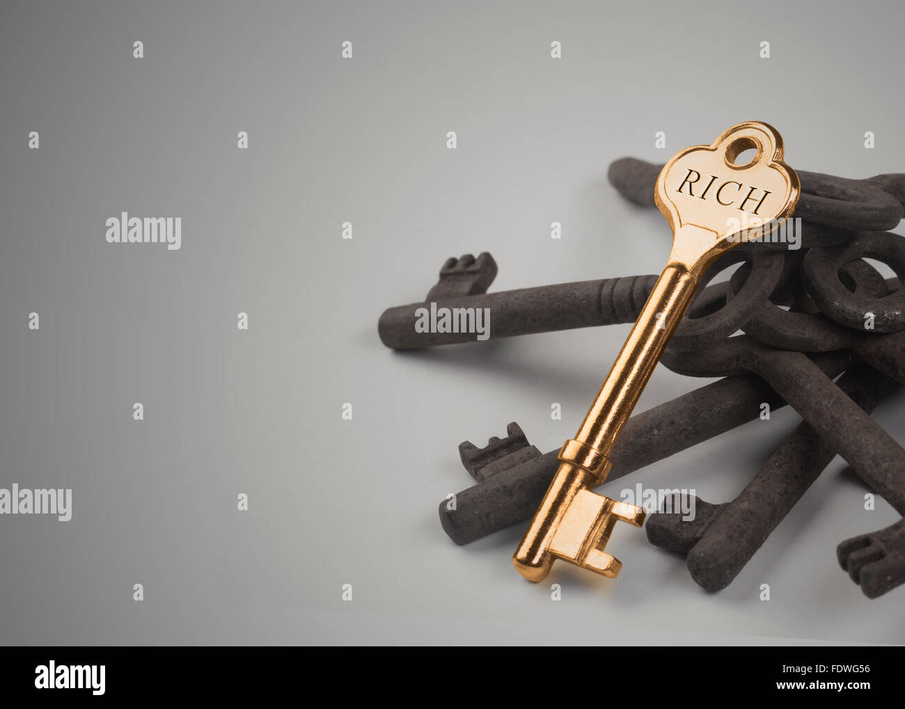 A golden key sitting on top of some rusted ones with the word rich ...