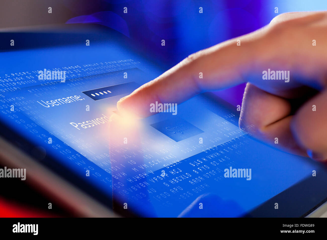 Closeup of finger touching blue toned screen on tablet-pc Stock Photo ...