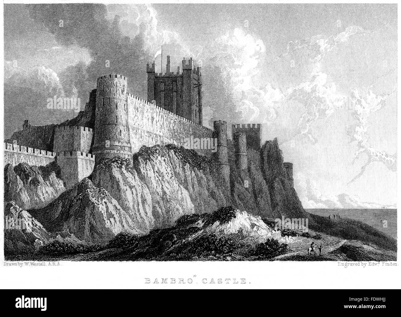 An engraving of Bamburgh Castle scanned at high resolution from a book ...