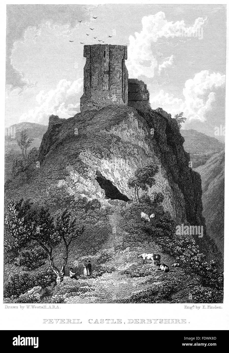 An engraving of Peveril Castle, Derbyshire scanned at high resolution ...