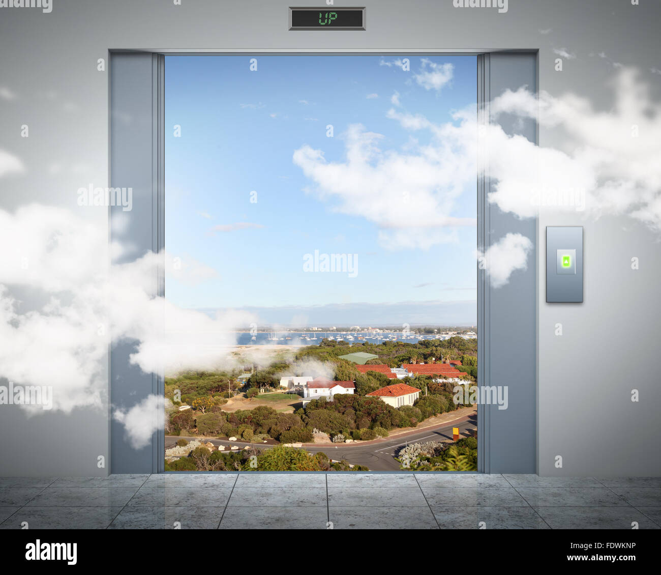 the elevator doors and the natural landscape behind them Stock Photo ...