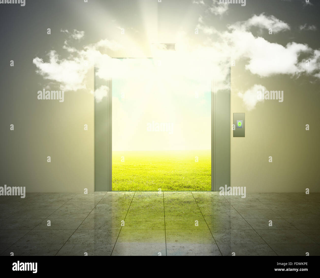the elevator doors and the natural landscape behind them Stock Photo ...