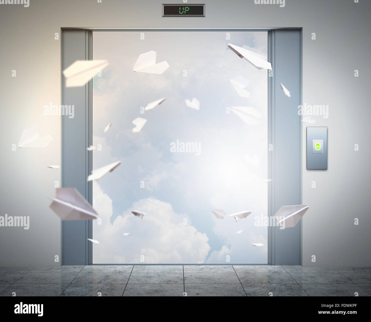 the elevator doors and the natural landscape behind them Stock Photo ...