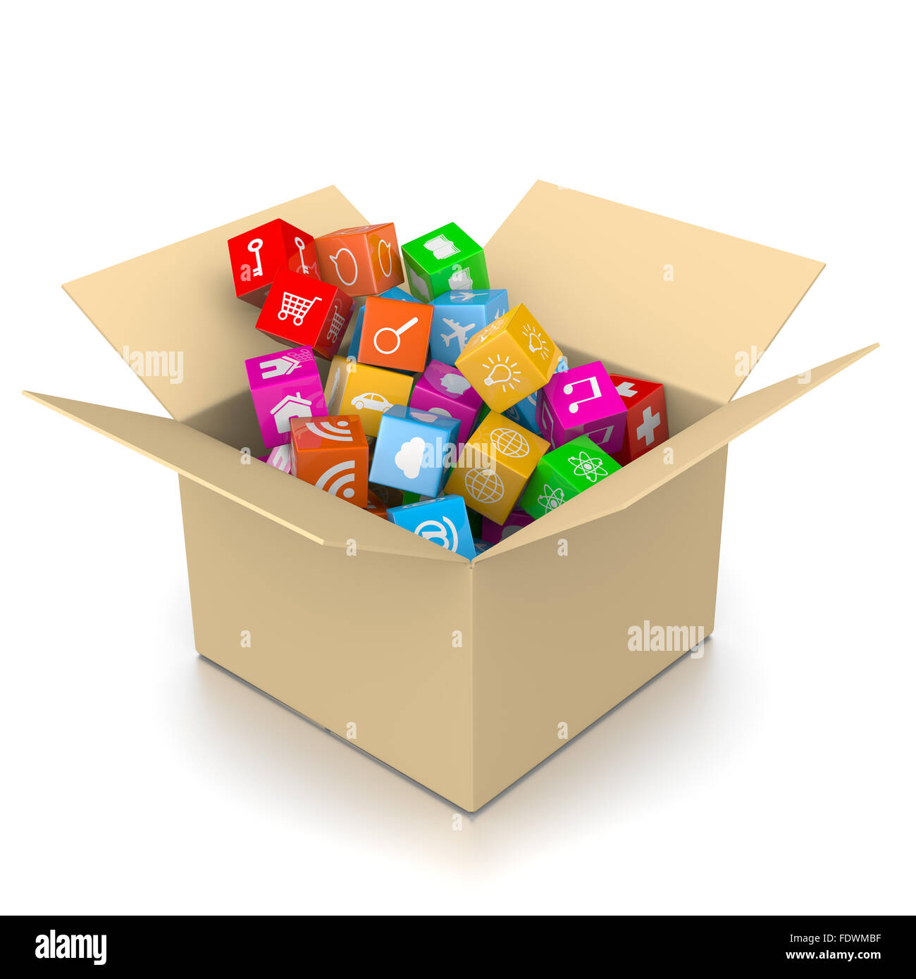 Cardboard Box Filled with App Icons Isolated on White Background 3D ...