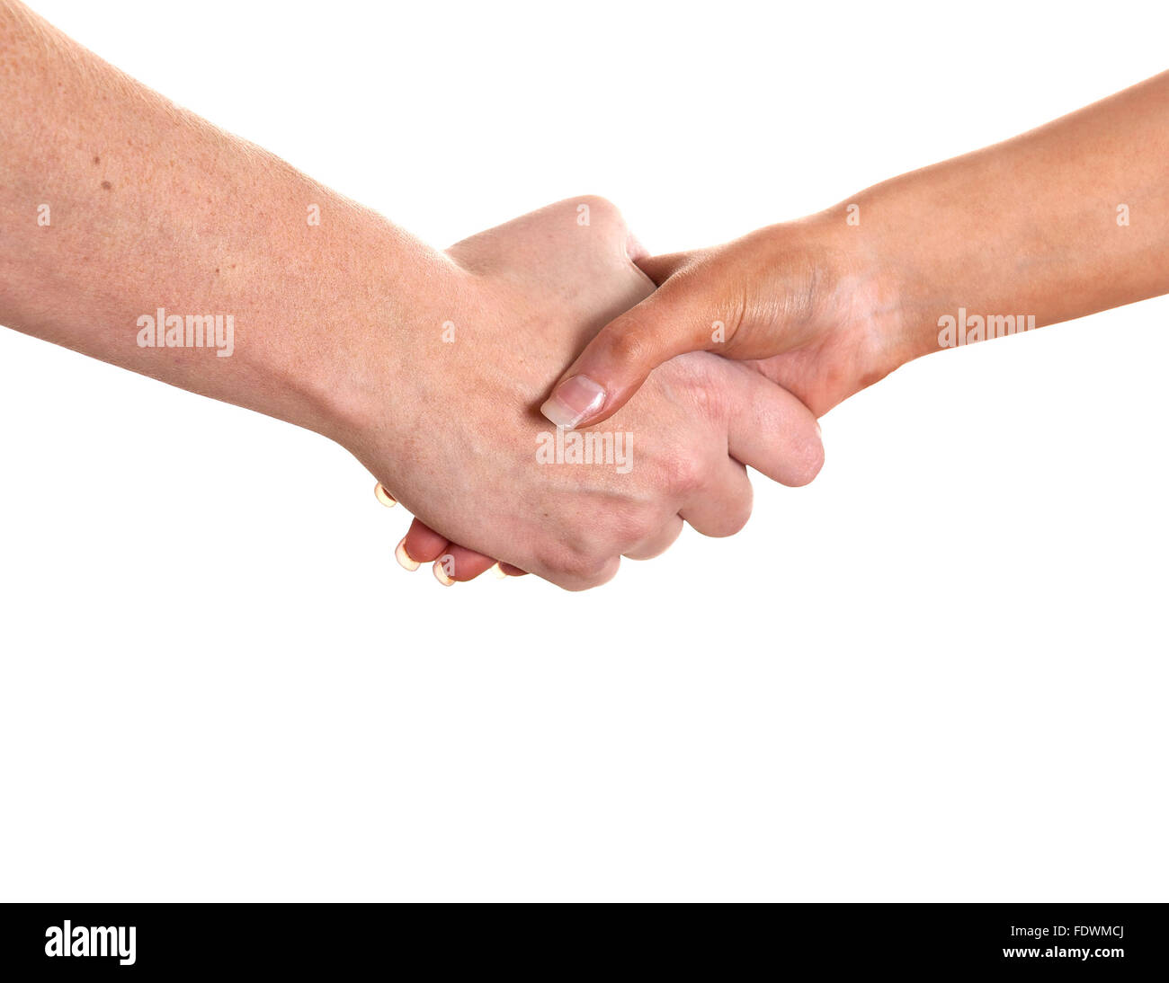Close up of hands of man and woman shaking hands isolated on white ...