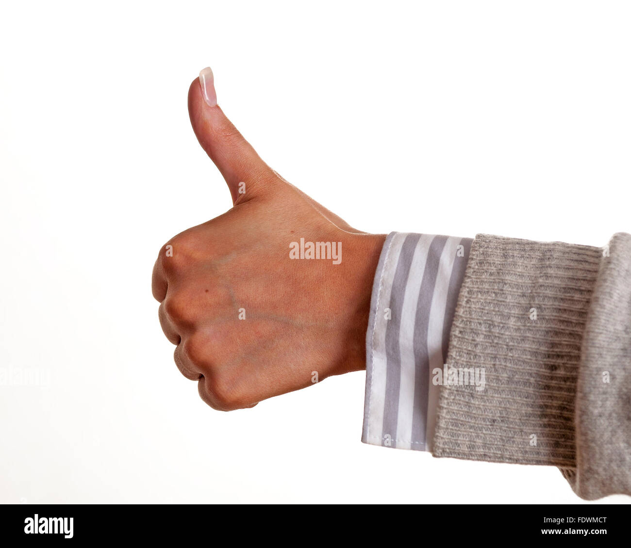 Close up of woman's hand doing thumbs up signal isolated on white ...