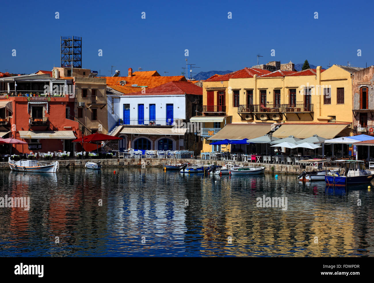 Crete, port Rethymno, boats in the Venetian harbour and restaurants in ...