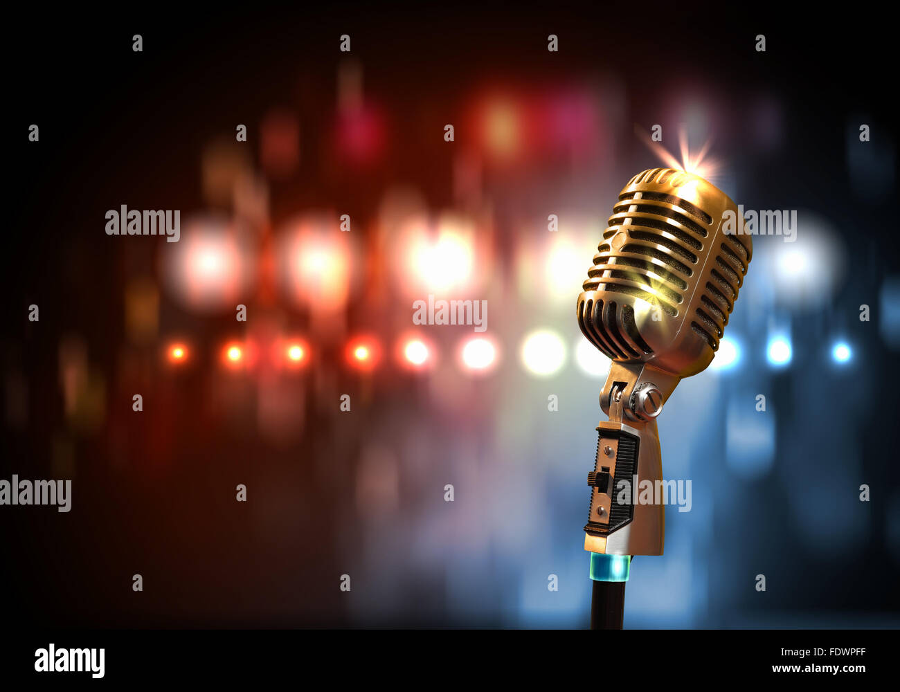 Single retro microphone against colourful background with lights Stock ...
