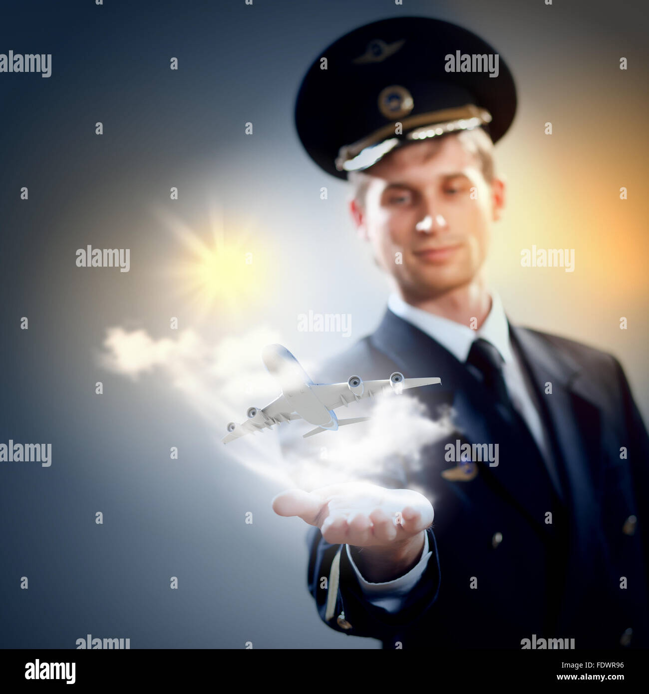 Image of pilot with airplane taking off from his hand Stock Photo - Alamy