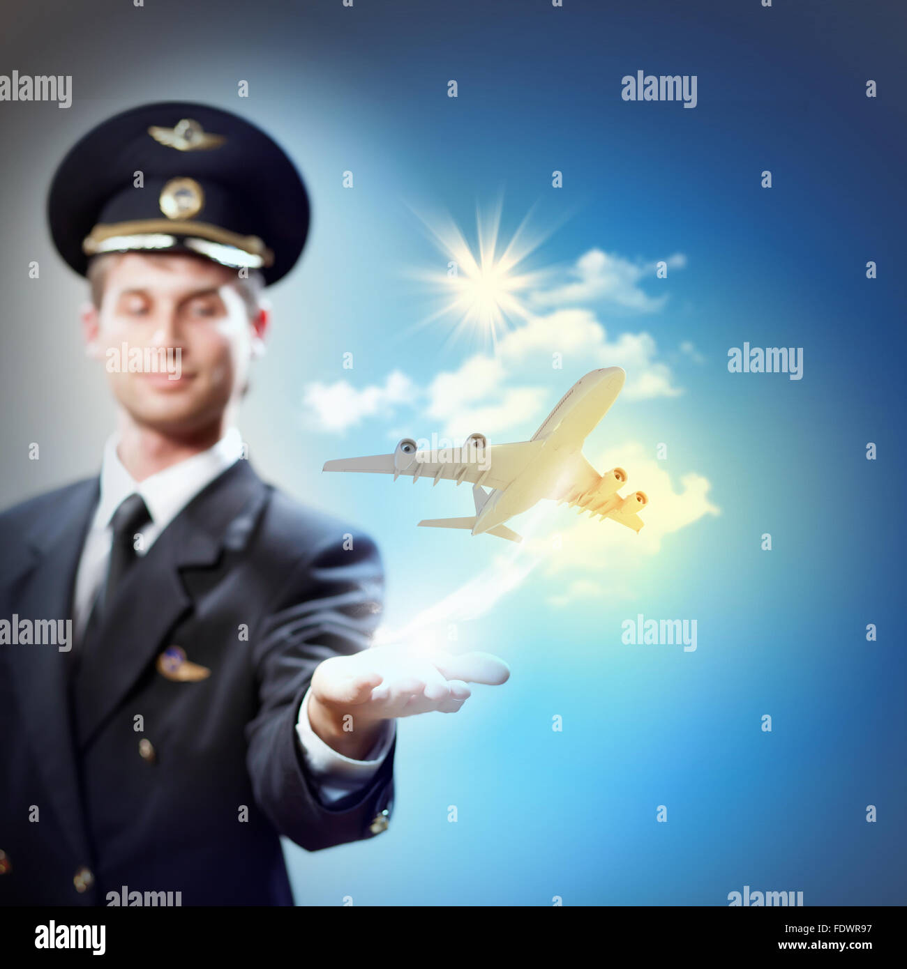 Image of pilot with airplane taking off from his hand Stock Photo - Alamy
