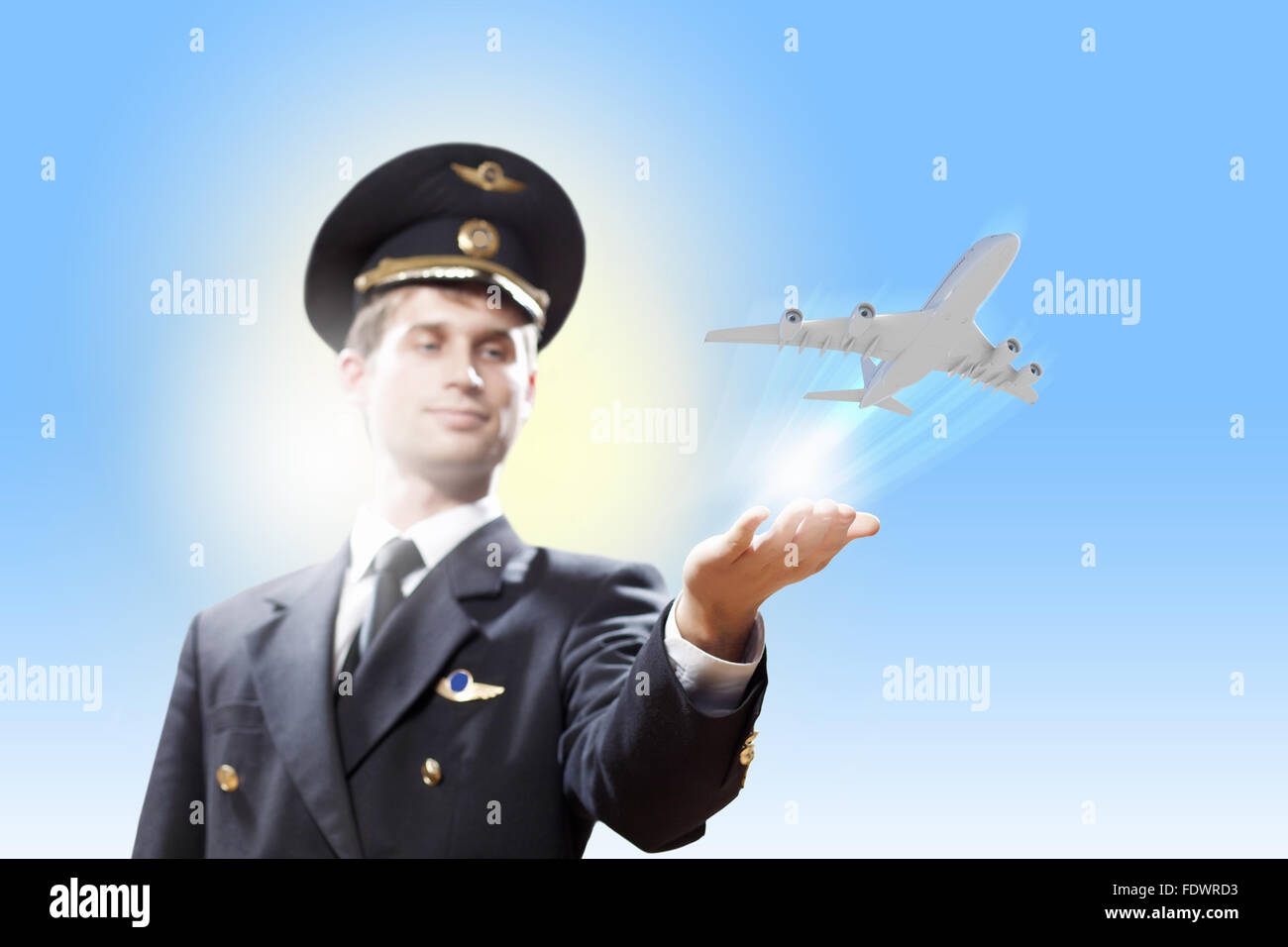Image of pilot with airplane taking off from his hand Stock Photo - Alamy