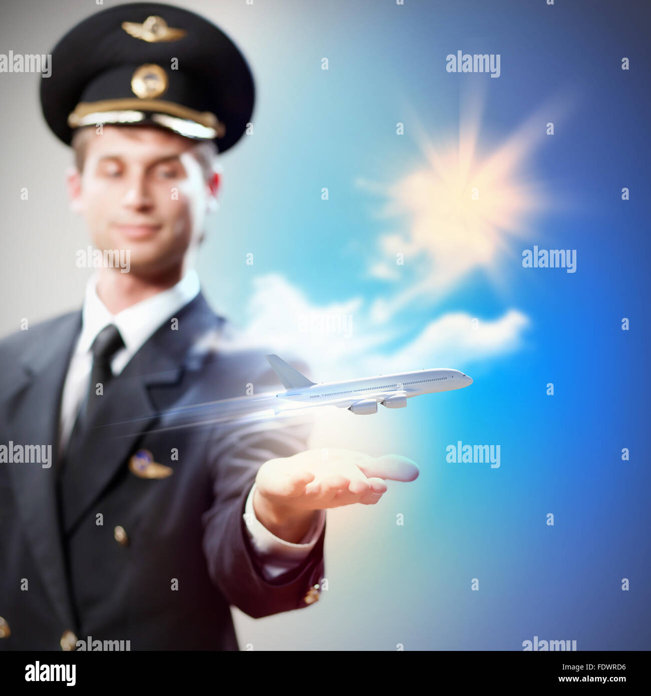Image of pilot with airplane taking off from his hand Stock Photo - Alamy