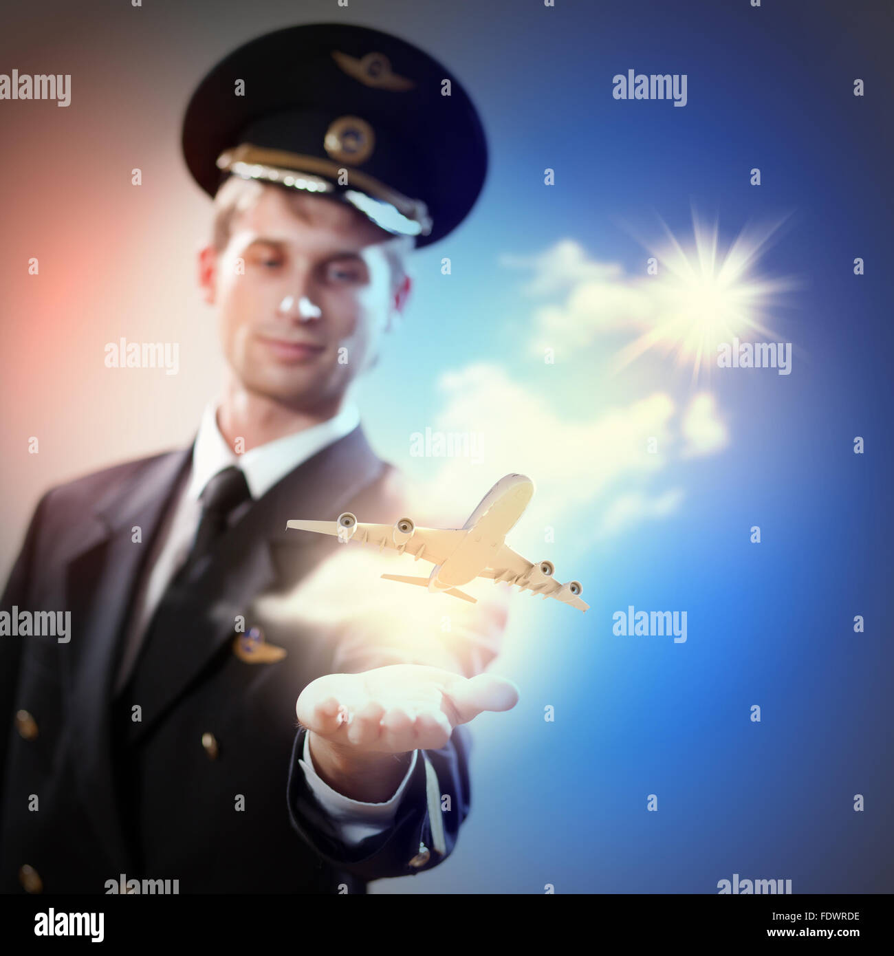 Image of pilot with airplane taking off from his hand Stock Photo - Alamy