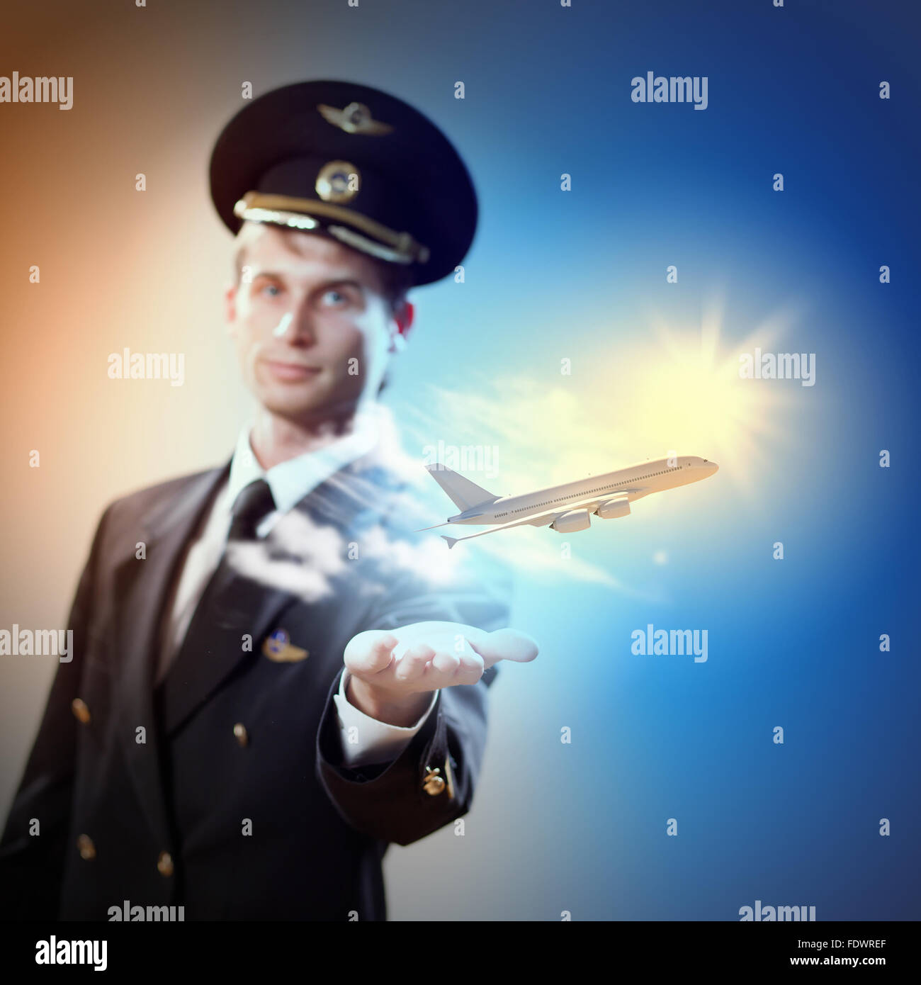 Image of pilot with airplane taking off from his hand Stock Photo - Alamy