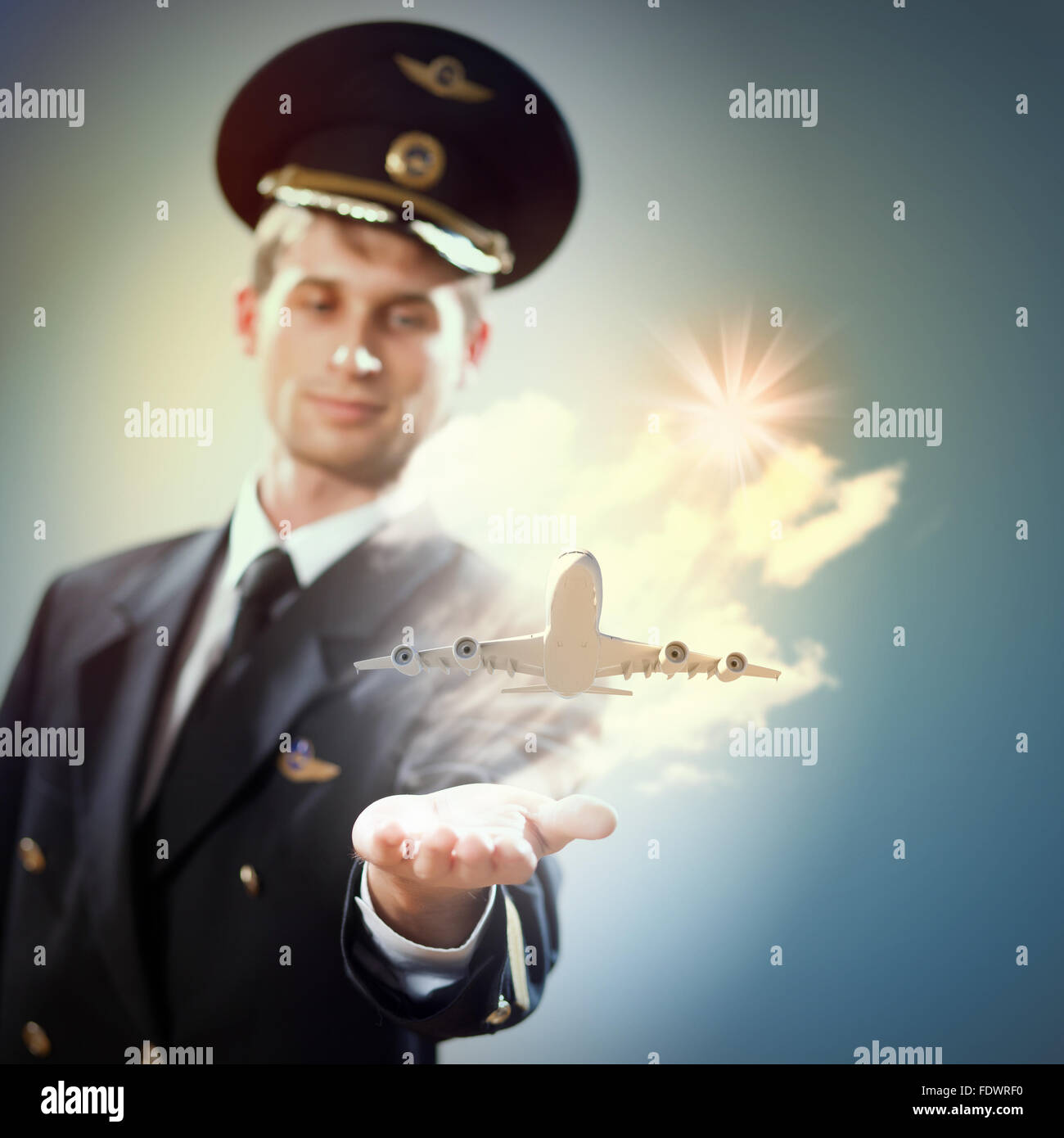 Image of pilot with airplane taking off from his hand Stock Photo - Alamy