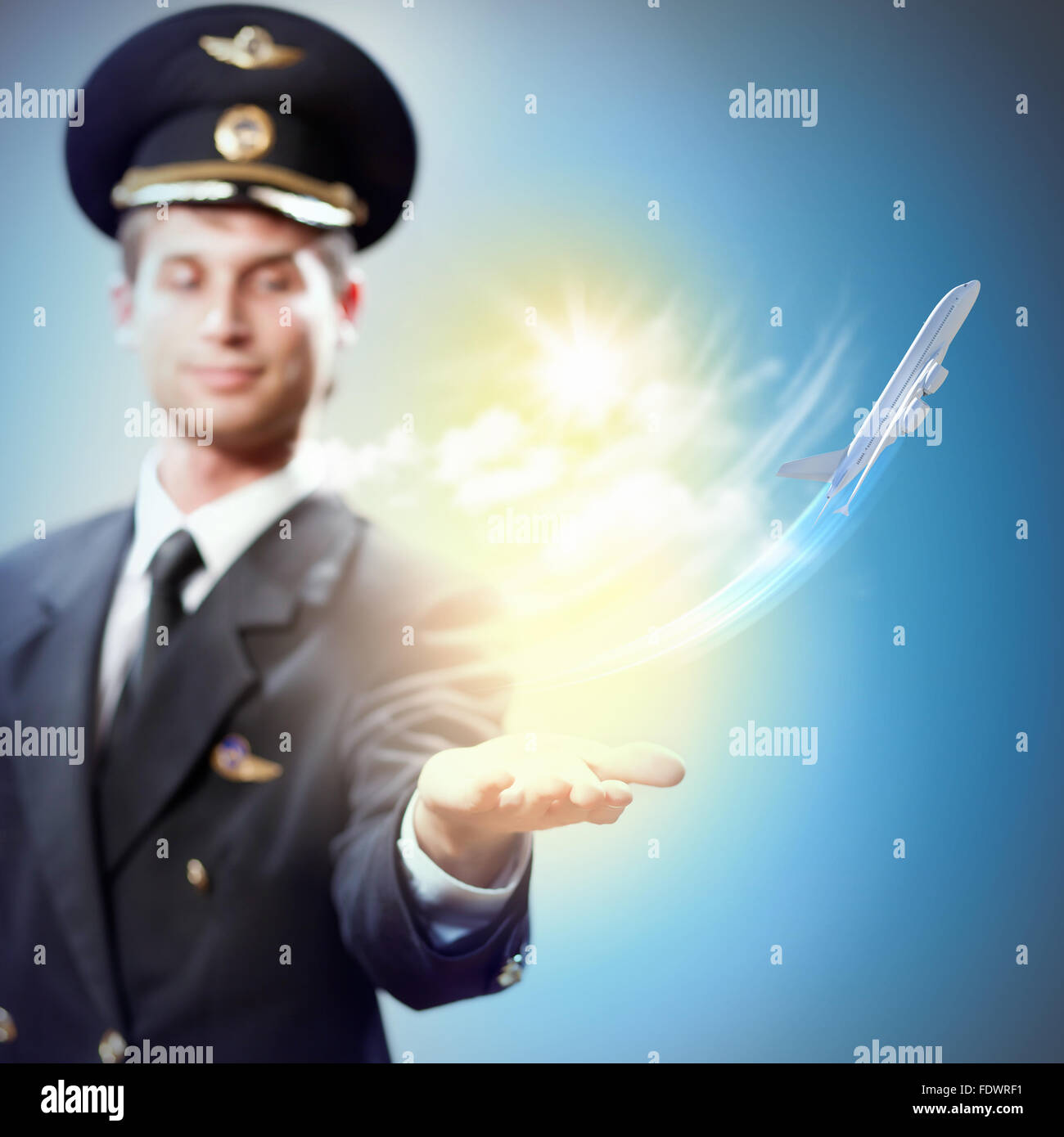 Image of pilot with airplane taking off from his hand Stock Photo - Alamy