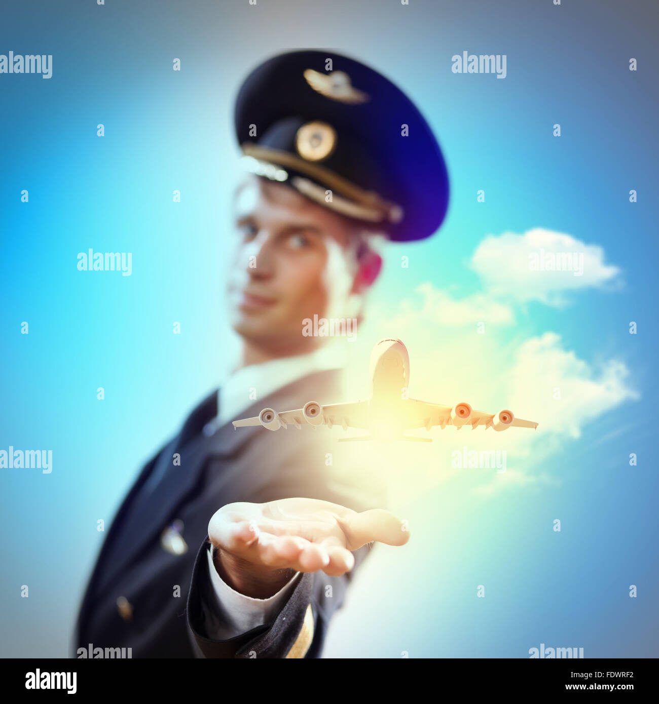 Image of pilot with airplane taking off from his hand Stock Photo - Alamy