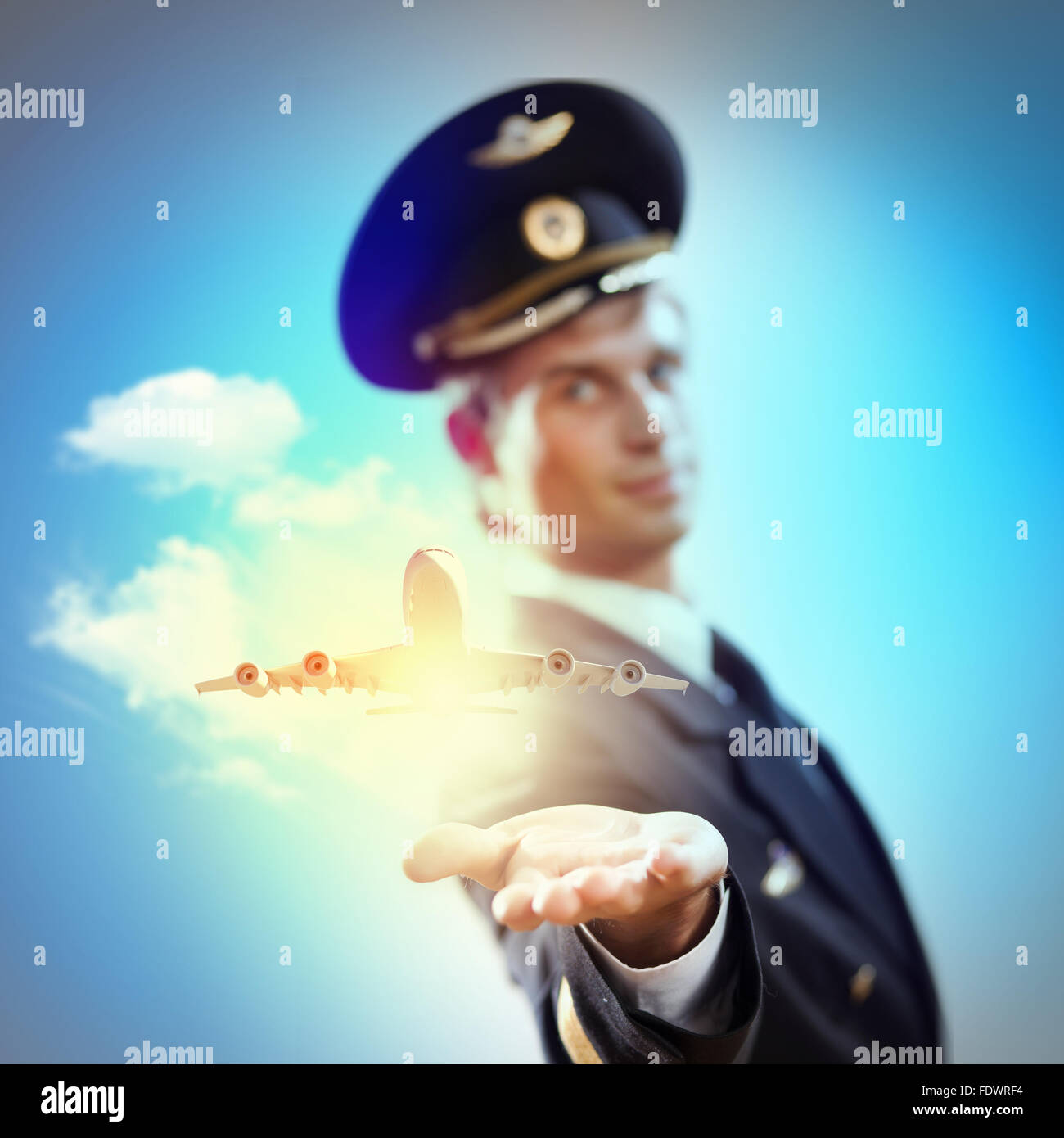 Image of pilot with airplane taking off from his hand Stock Photo - Alamy