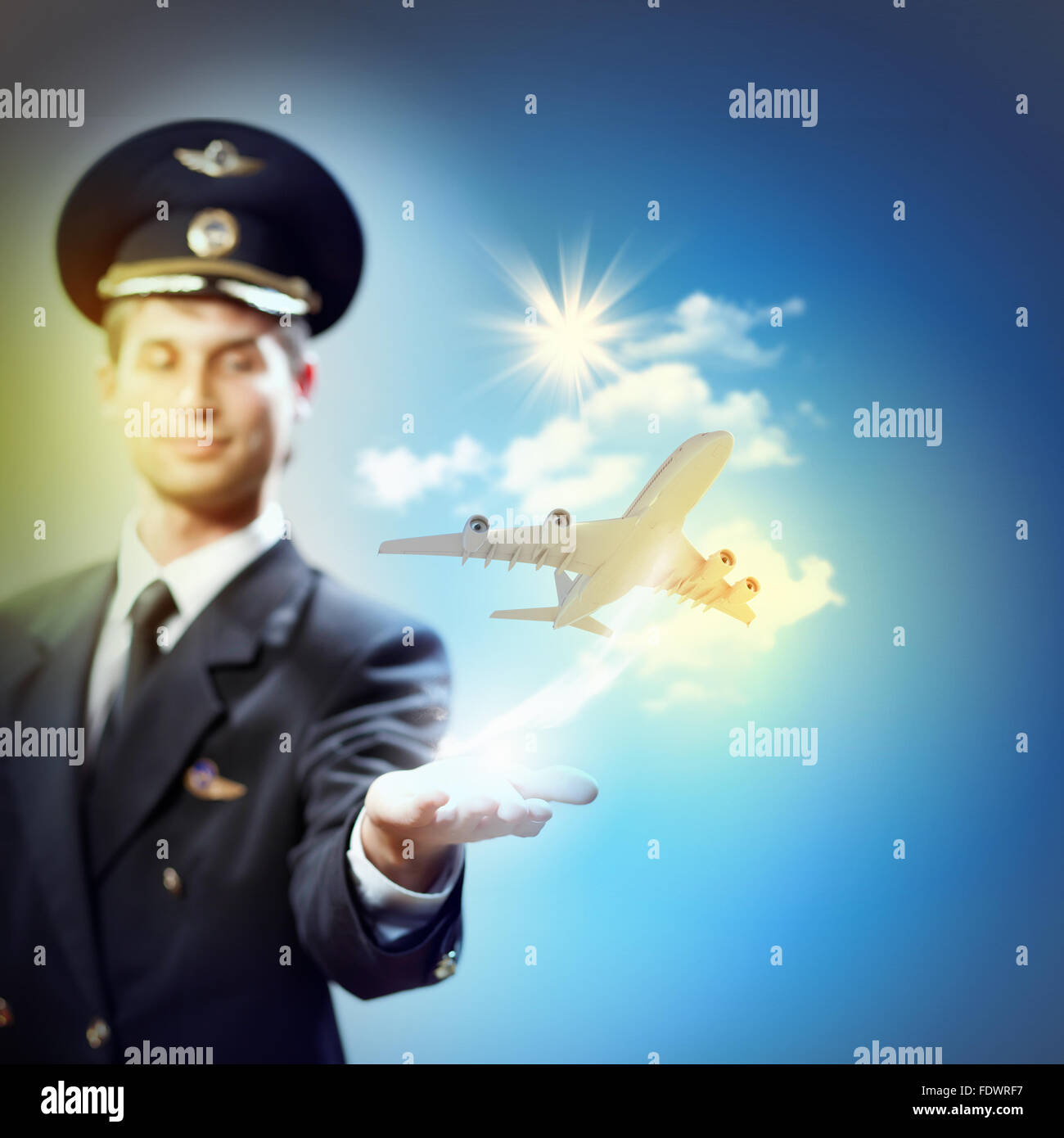 Image of pilot with airplane taking off from his hand Stock Photo - Alamy