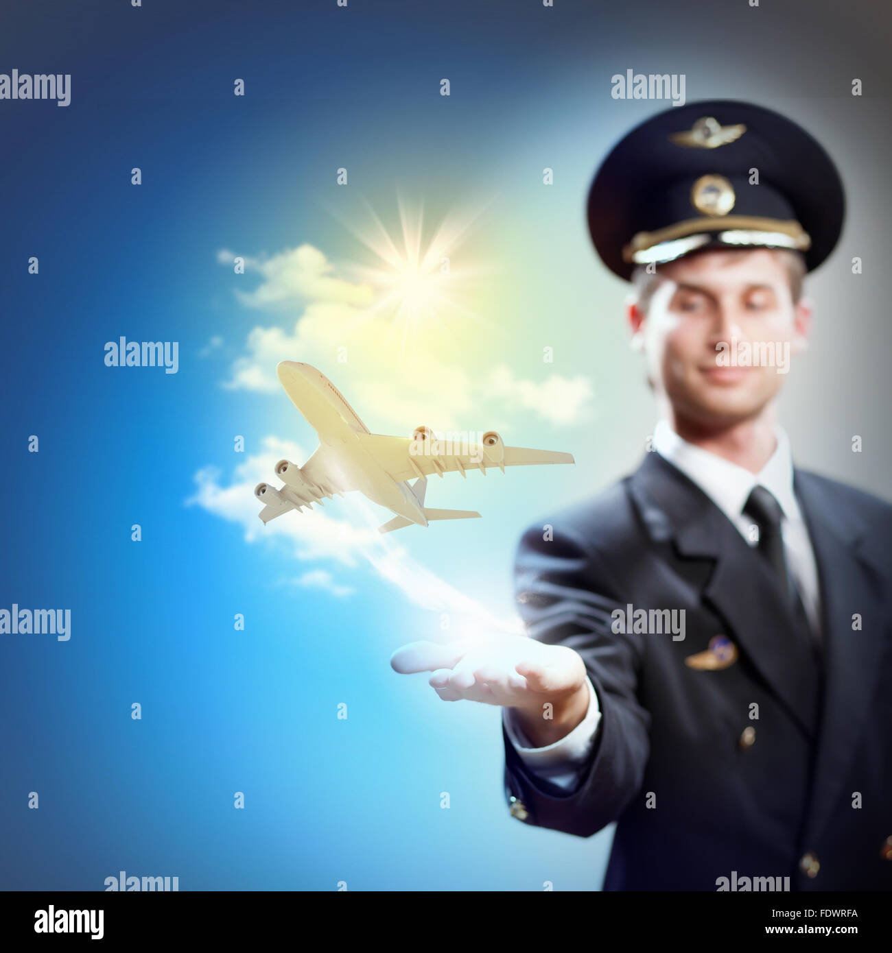 Image of pilot with airplane taking off from his hand Stock Photo - Alamy