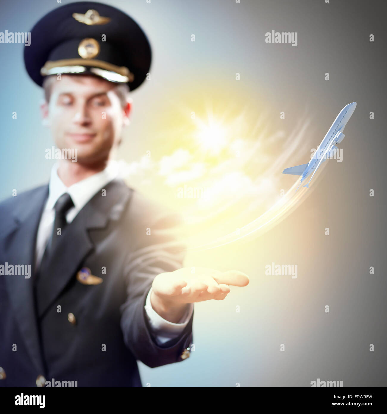 Image of pilot with airplane taking off from his hand Stock Photo - Alamy