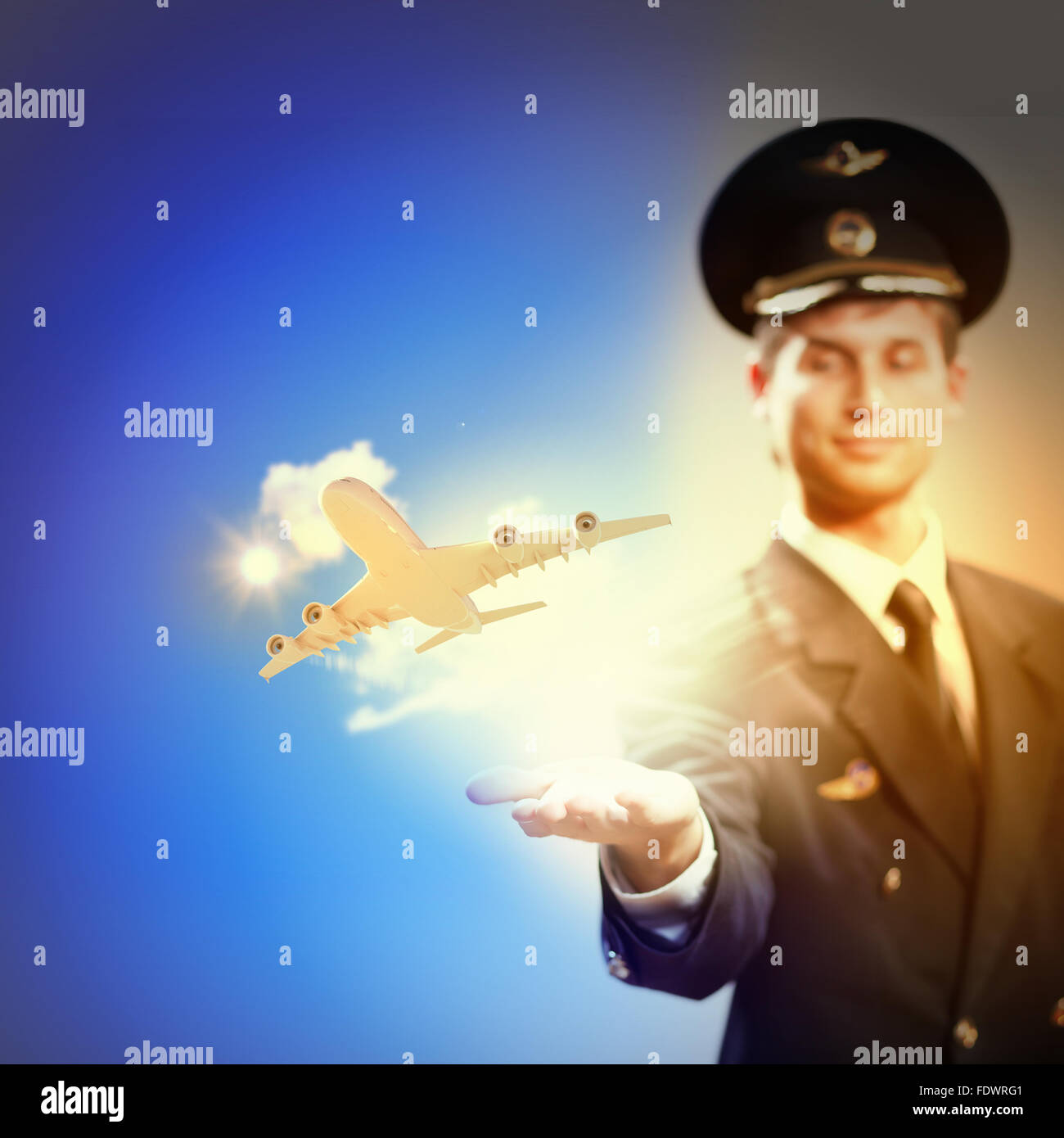 Image of pilot with airplane taking off from his hand Stock Photo - Alamy