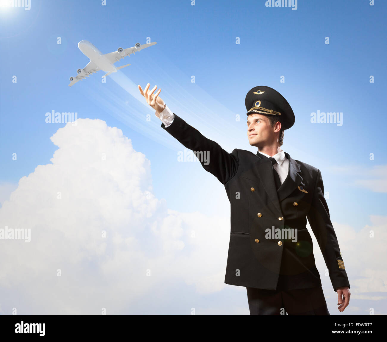 Image of pilot touching sky against airplane background Stock Photo - Alamy