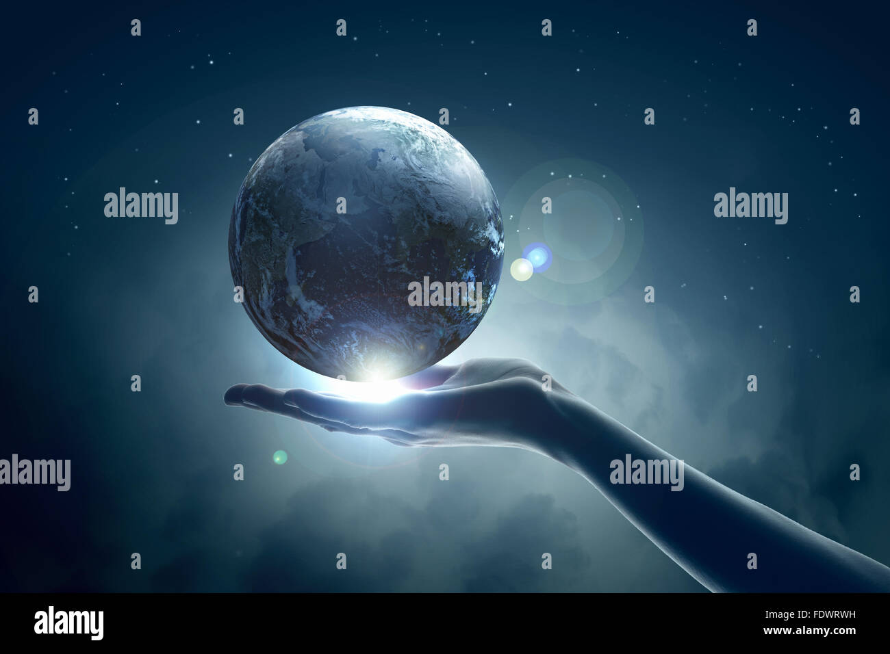 Image of hand holding earth planet against illustration background ...