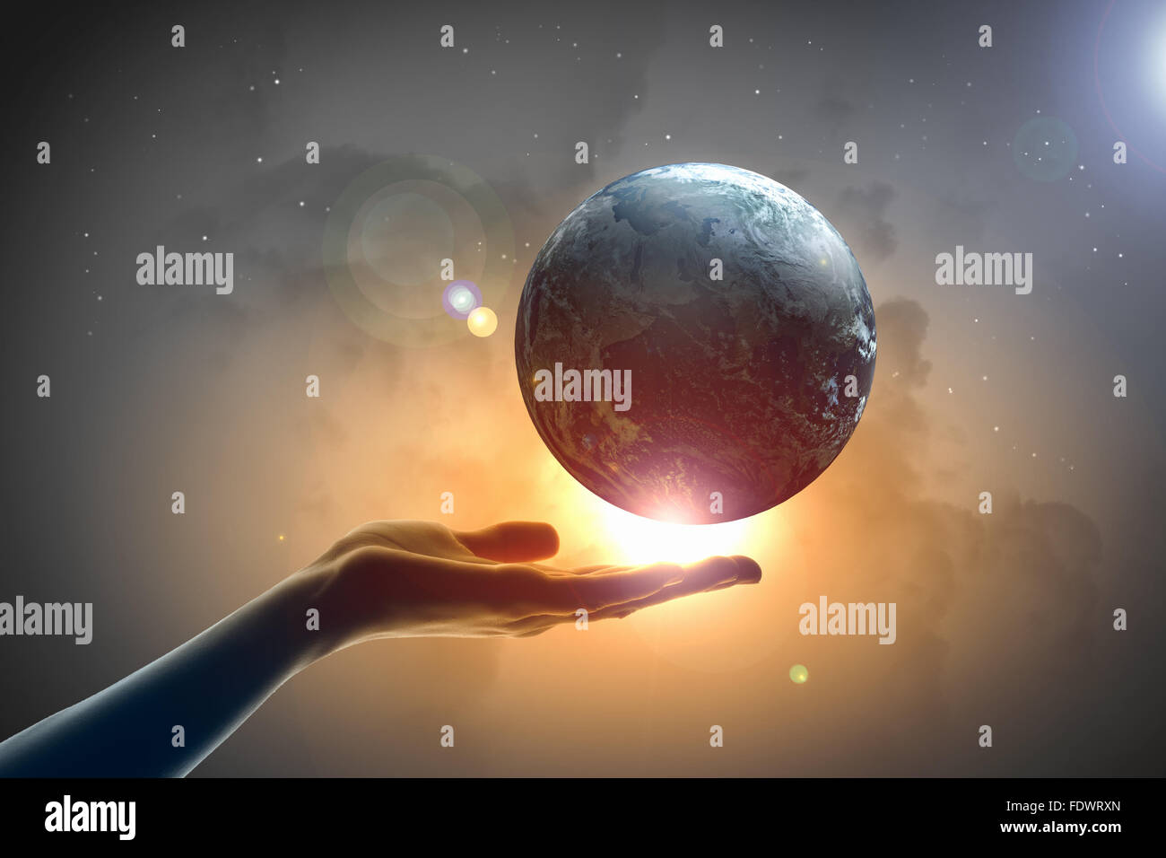 Image of hand holding earth planet against illustration background ...