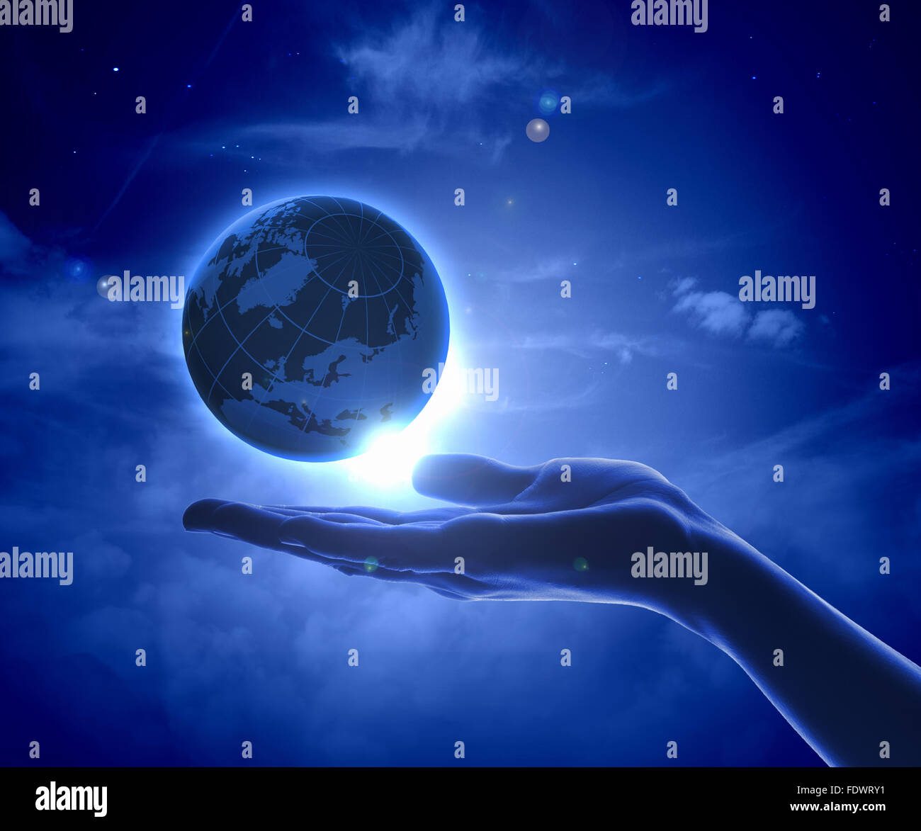 Image of hand holding earth planet against illustration background ...