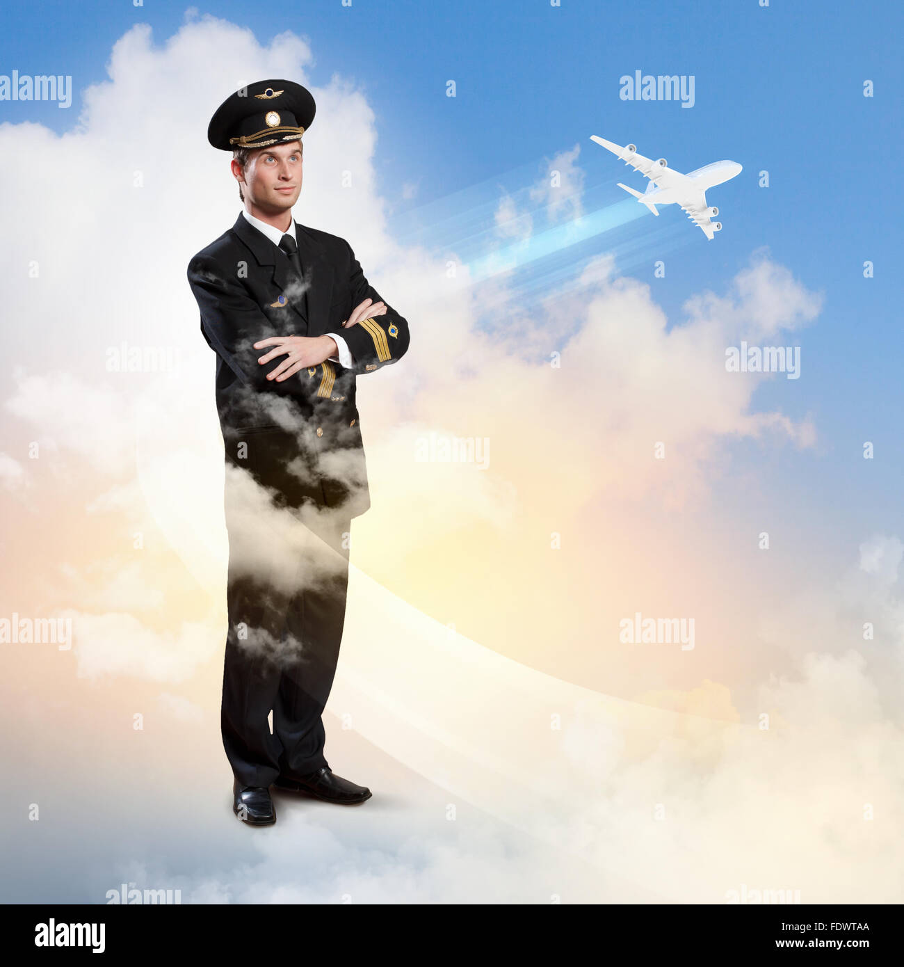Image of male pilot with airplane flying around him Stock Photo - Alamy