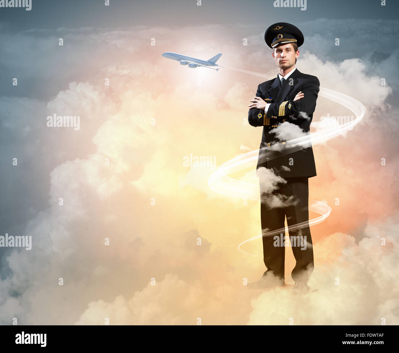 Image of male pilot with airplane flying around him Stock Photo - Alamy