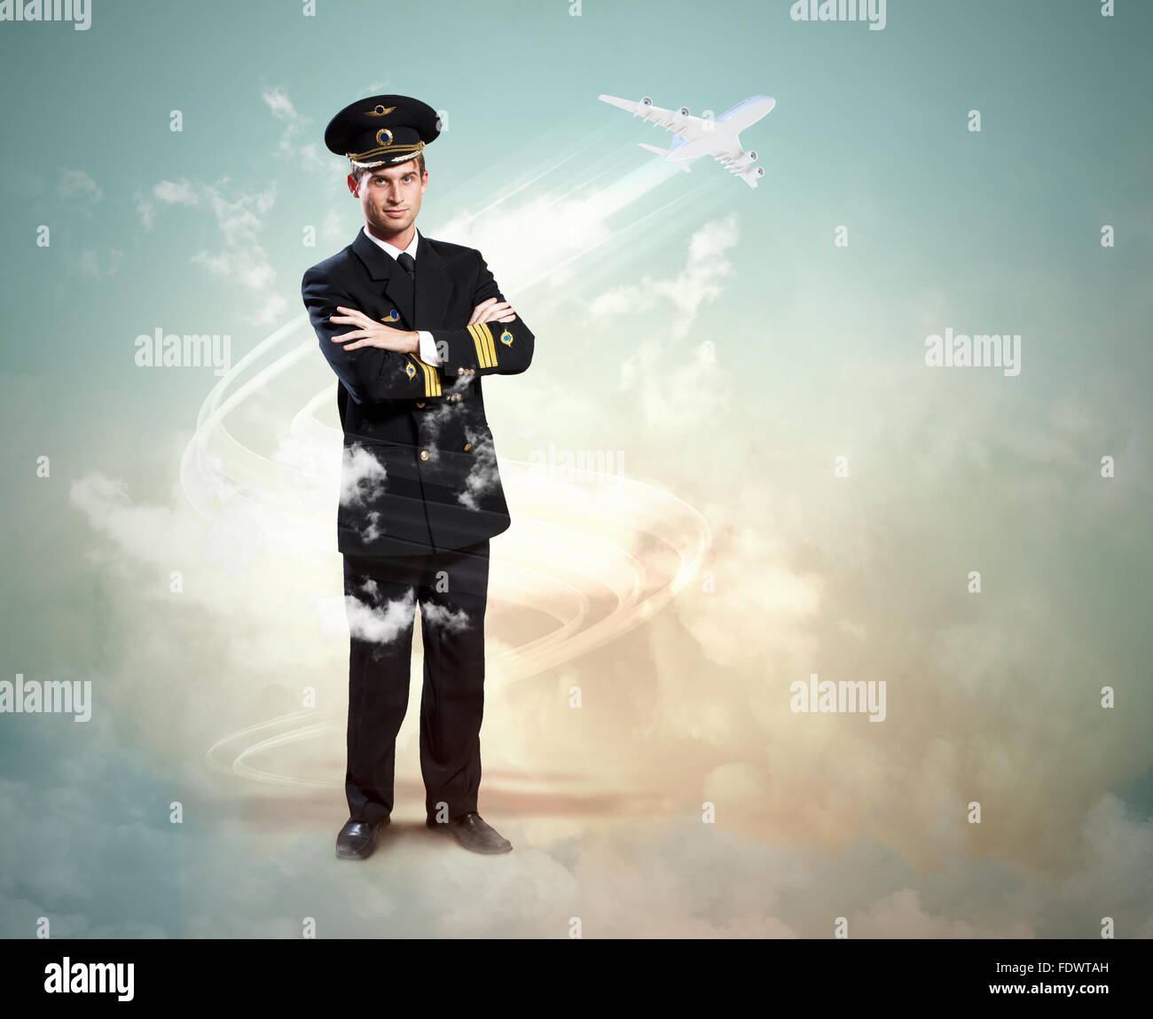 Image of male pilot with airplane flying around him Stock Photo - Alamy