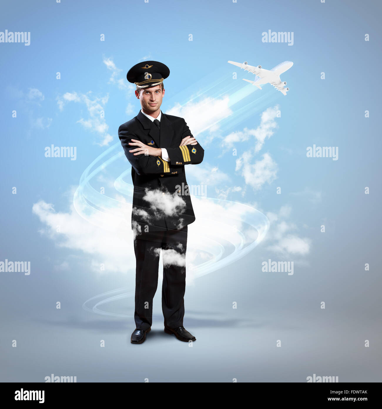 Image of male pilot with airplane flying around him Stock Photo - Alamy