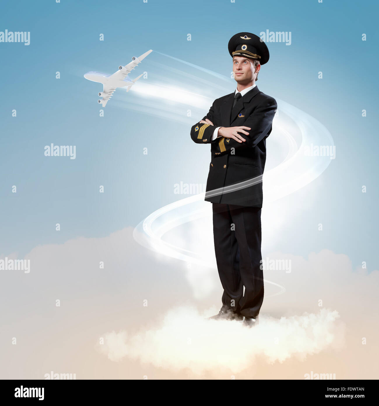 Image of male pilot with airplane flying around him Stock Photo - Alamy